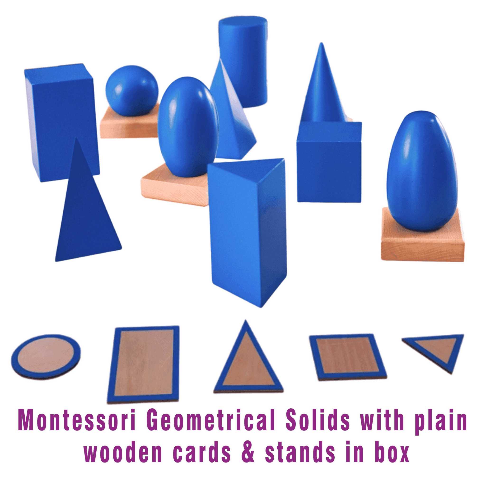 Montessori Geometrical Solids with plain wooden cards & stands in box ...